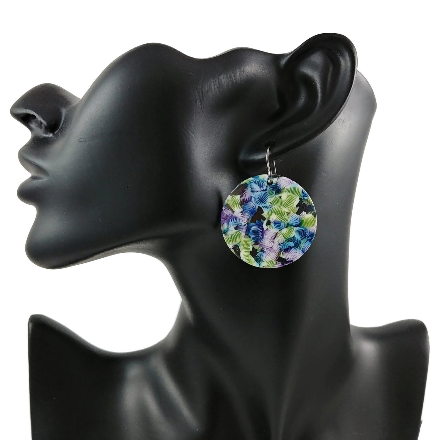 Blue and green tropical round dangle earrings - Hypoallergenic pure ti ...